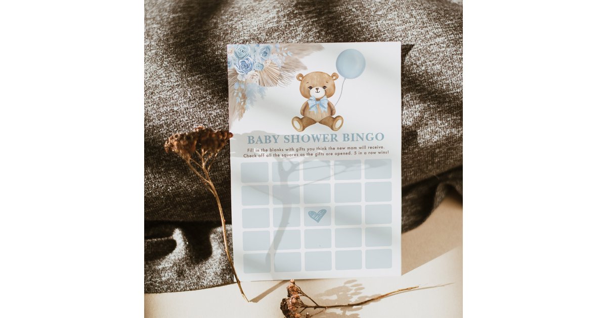 Blue Boho Teddy Bear Bingo Baby Shower Game Card | Zazzle