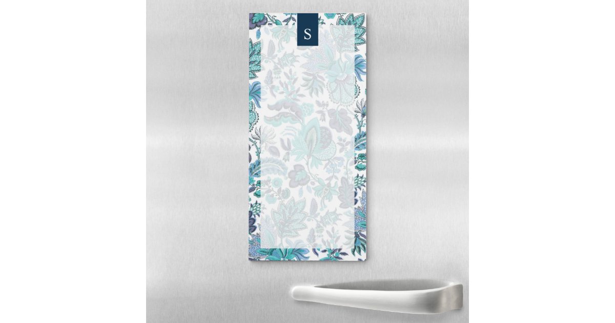 Blue Boho Vintage Floral Monogram Magnetic Notepad | Zazzle