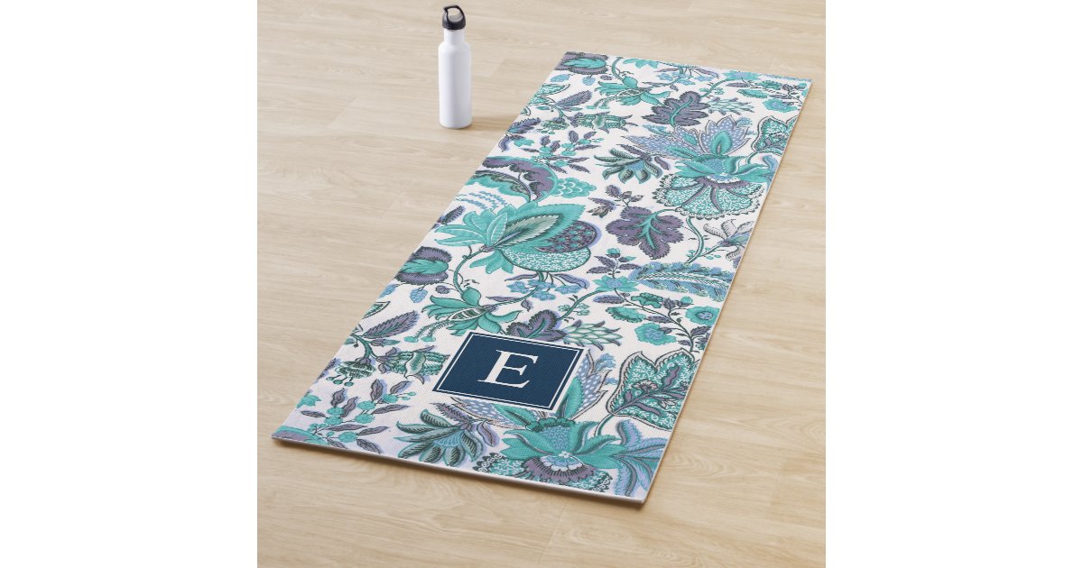 Blue Boho Vintage Floral Monogram Yoga Mat | Zazzle