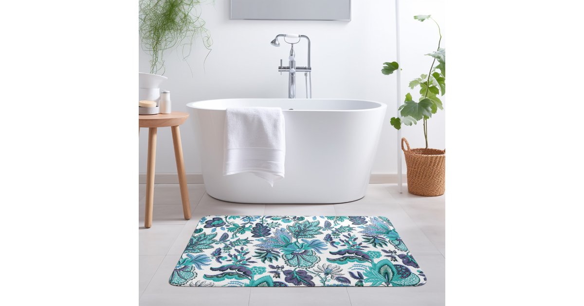 Blue Boho Vintage Floral Print Bath Mat | Zazzle