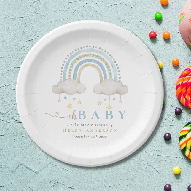 Blue Boho Watercolor Rainbow Boy Baby Shower Paper Plates | Zazzle
