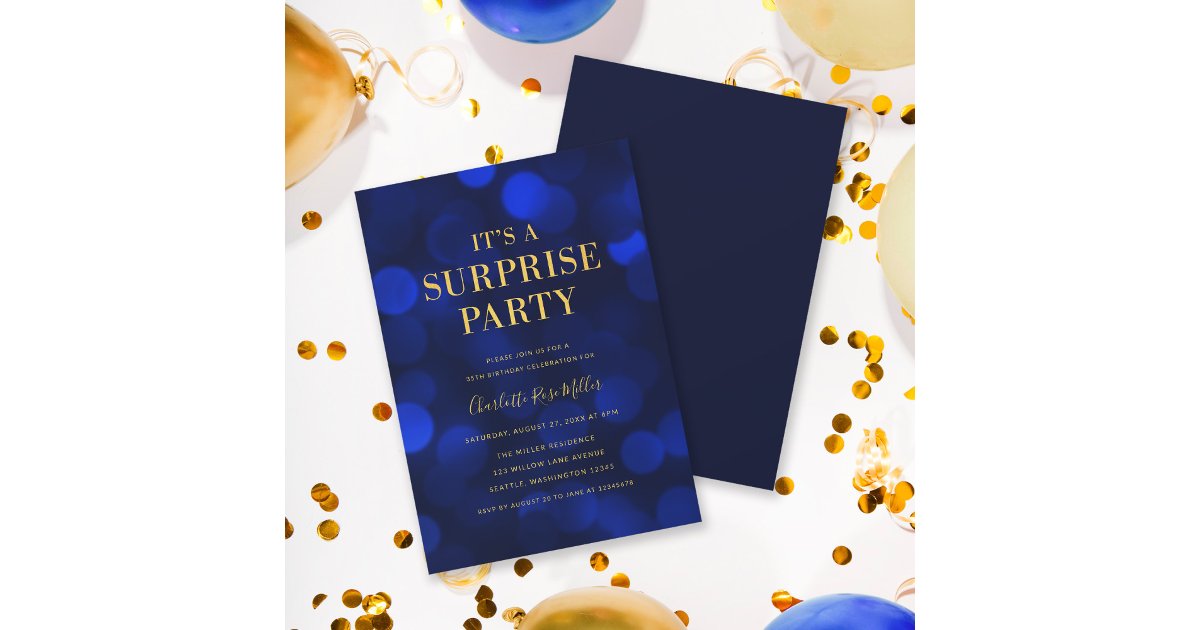 Blue Bokeh Gold It's a Surprise Party Birthday Invitation | Zazzle