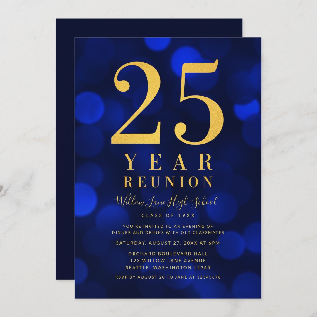 Blue Bokeh Lights 25 Year Class Reunion Invitation | Zazzle