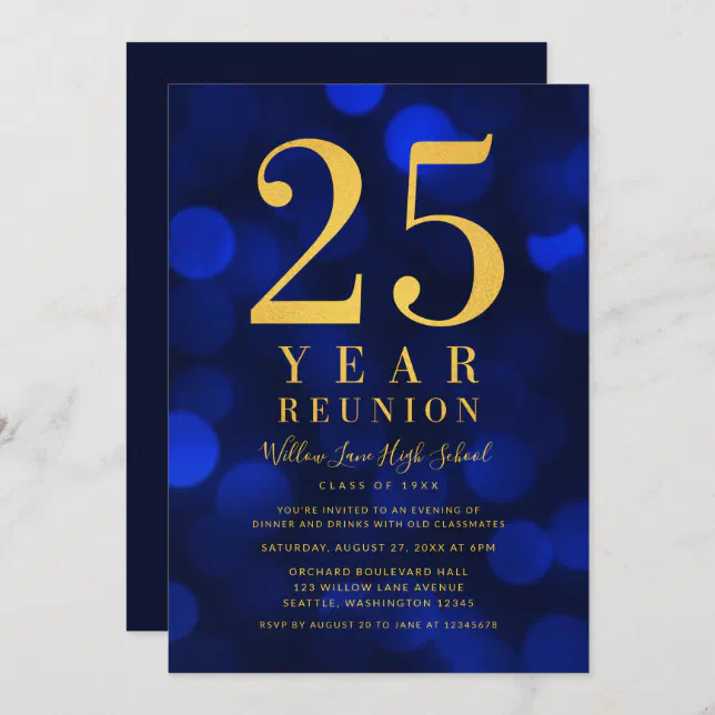 Blue Bokeh Lights 25 Year Class Reunion Invitation | Zazzle