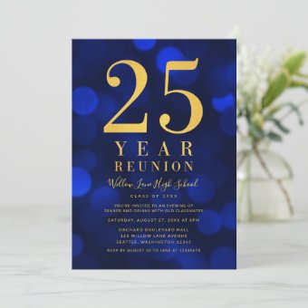 Blue Bokeh Lights 25 Year Class Reunion Invitation | Zazzle