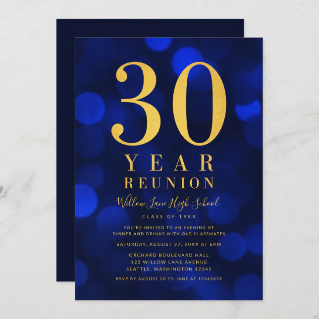 Blue Bokeh Lights 30 Year Class Reunion Invitation | Zazzle