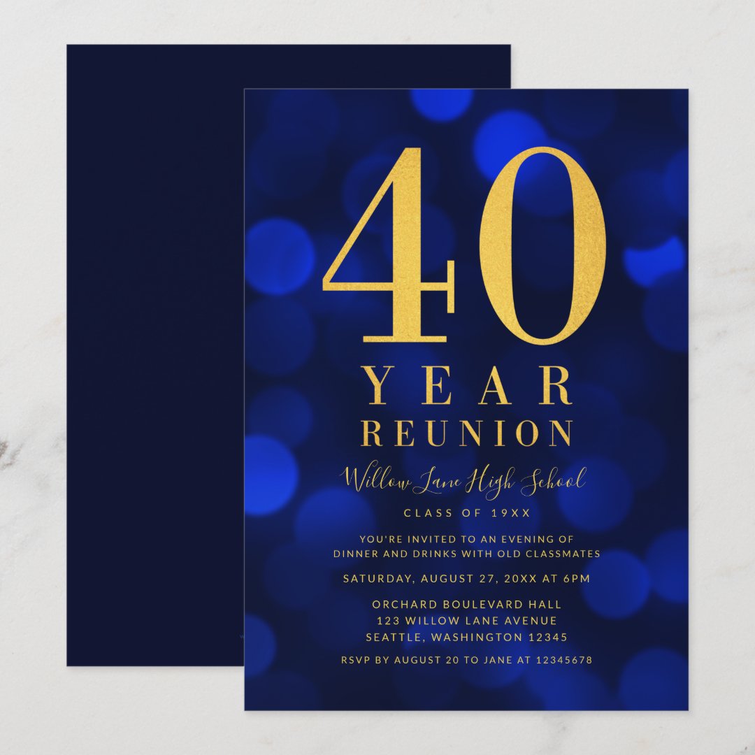Blue Bokeh Lights 40 Year Class Reunion Invitation | Zazzle