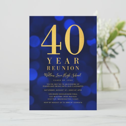 Blue Bokeh Lights 40 Year Class Reunion Invitation | Zazzle