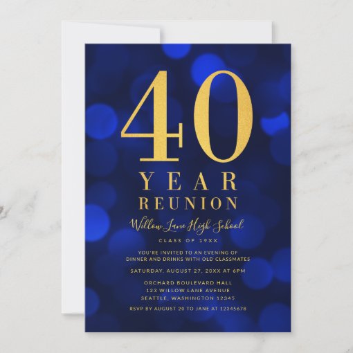 Blue Bokeh Lights 40 Year Class Reunion Invitation | Zazzle