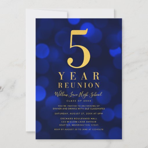 Blue Bokeh Lights 5 Year Class Reunion Invitation | Zazzle