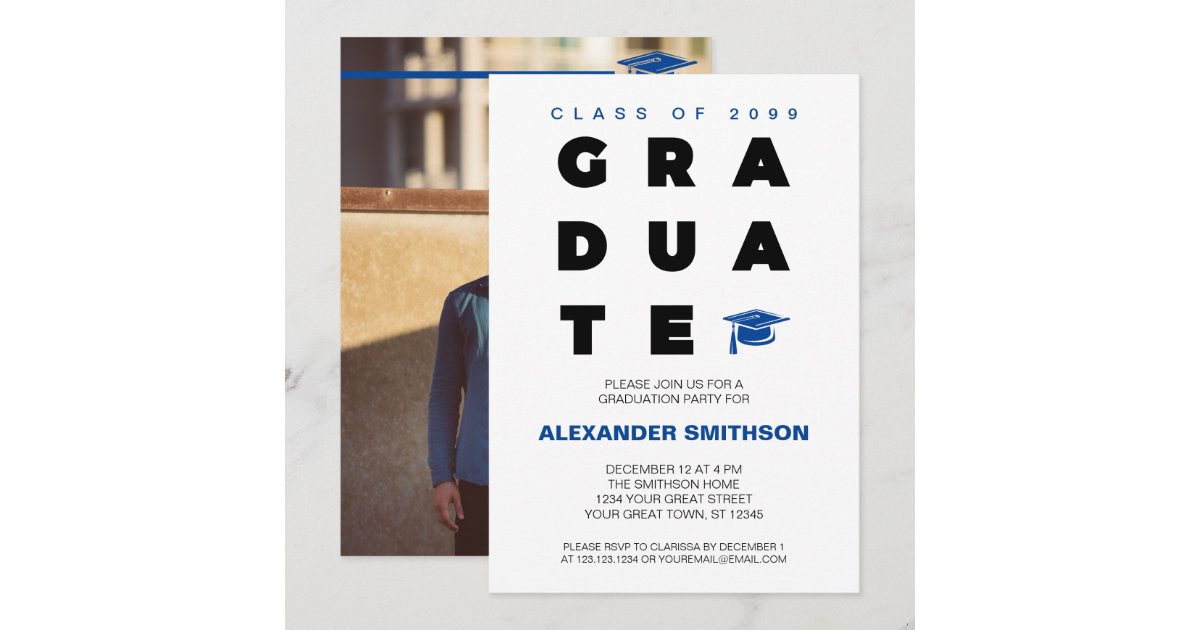 Blue Bold GRADUATE Letters and Cap Graduation Invitation | Zazzle