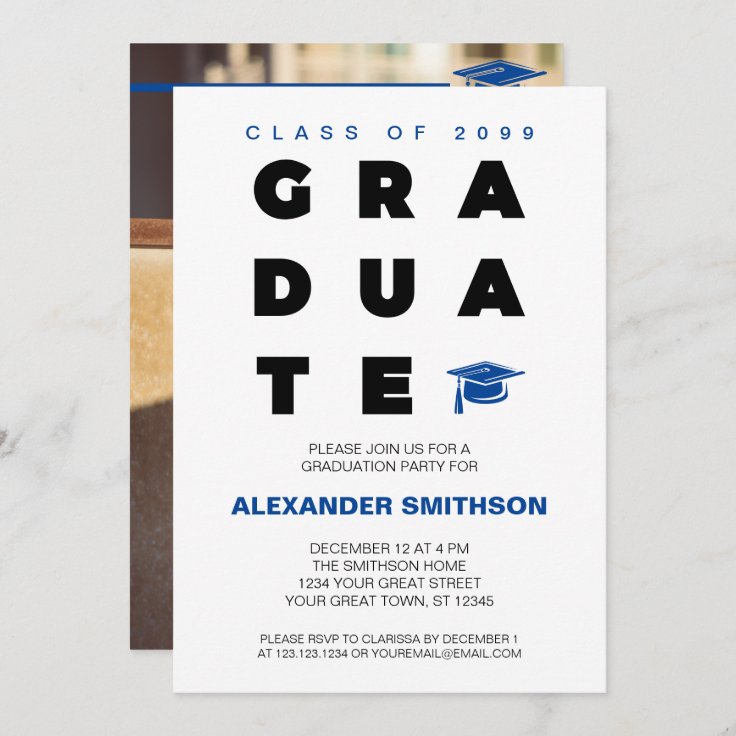 Blue Bold GRADUATE Letters and Cap Graduation Invitation | Zazzle