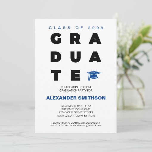 Blue Bold GRADUATE Letters and Cap Graduation Invitation | Zazzle