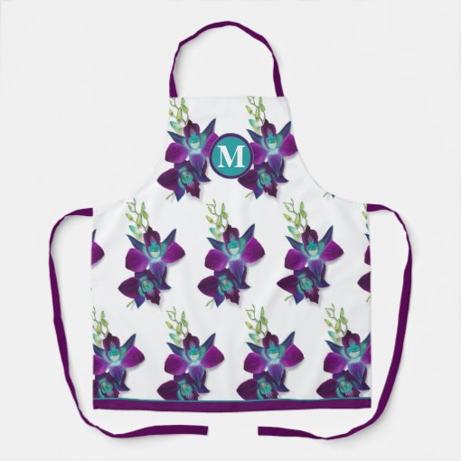 Blue Bom Dendrobium Orchid Flower Monogram Apron | Zazzle