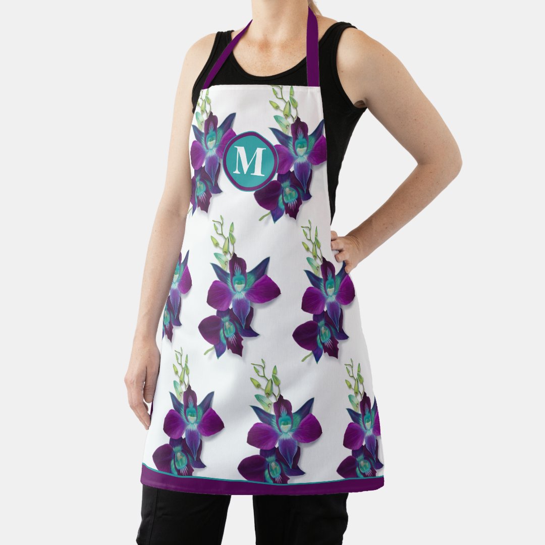Blue Bom Dendrobium Orchid Flower Monogram Apron | Zazzle