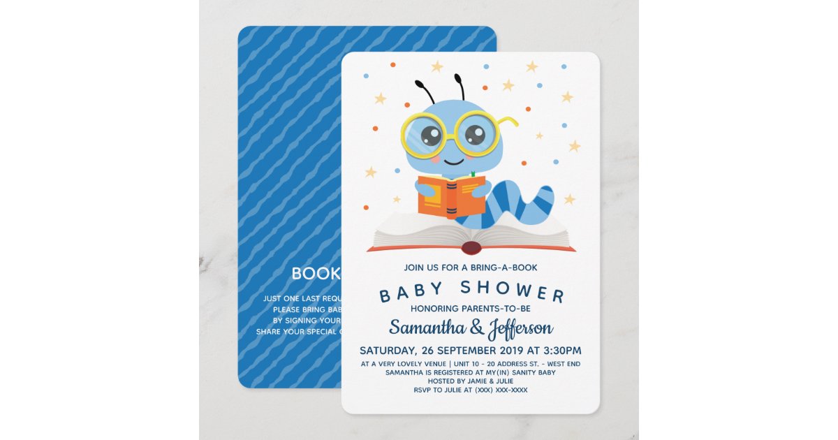 Blue Bookworm Book Baby Shower Invitation | Zazzle
