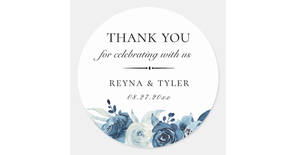 Blue Botanical Floral Wedding Favor Classic Round Sticker | Zazzle