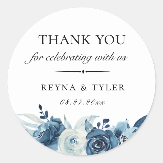 Blue Botanical Floral Wedding Favor Classic Round Sticker | Zazzle