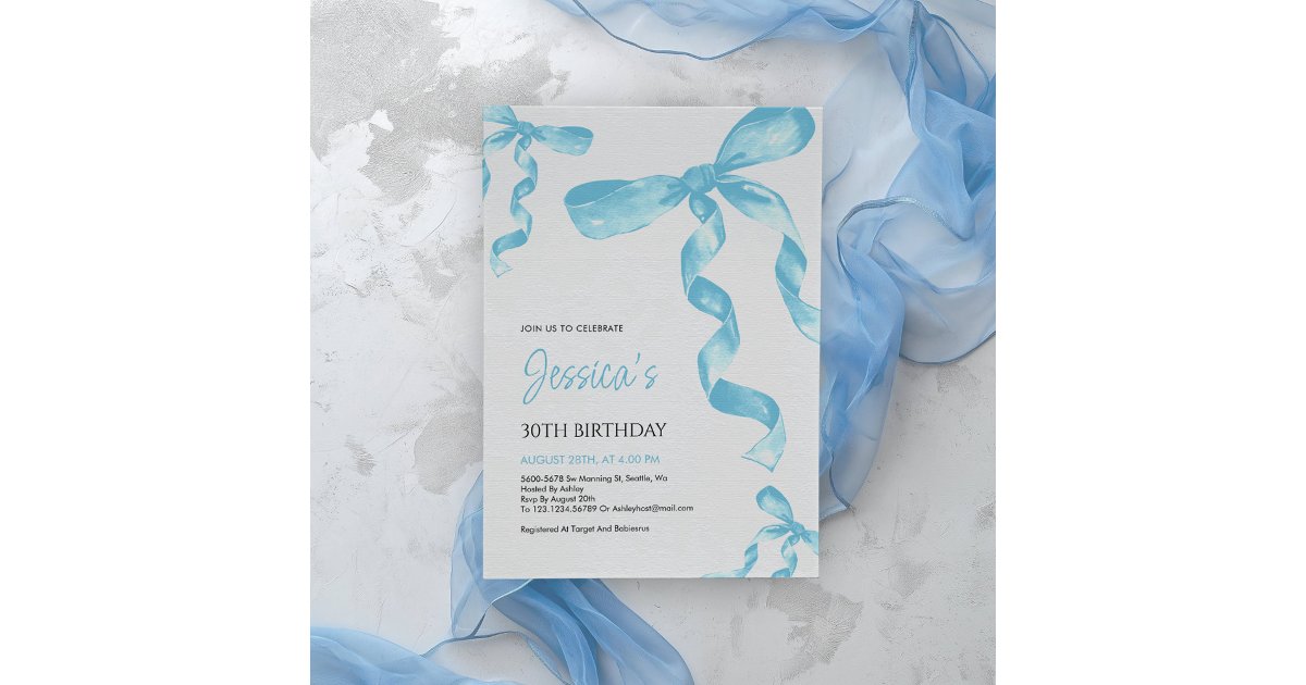 Blue Bow Birthday Invitation | Zazzle