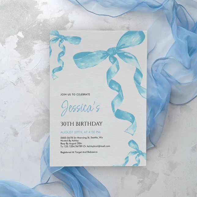 Blue Bow Birthday Invitation | Zazzle