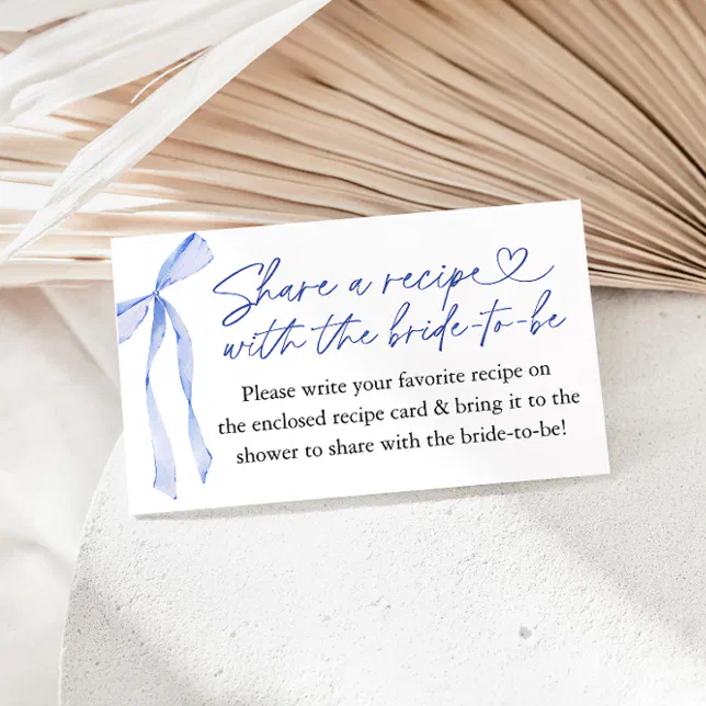 Blue Bow Bridal Shower Recipe Request Enclosure Card | Zazzle