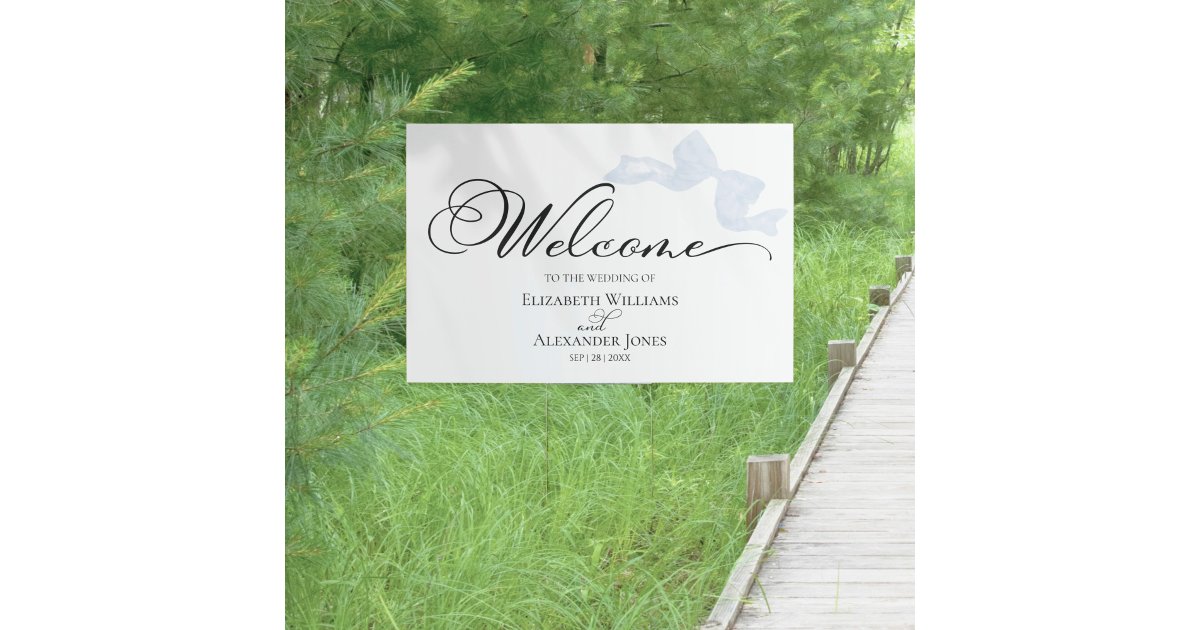 Blue Bow Calligraphy Wedding Welcome Yard Sign | Zazzle