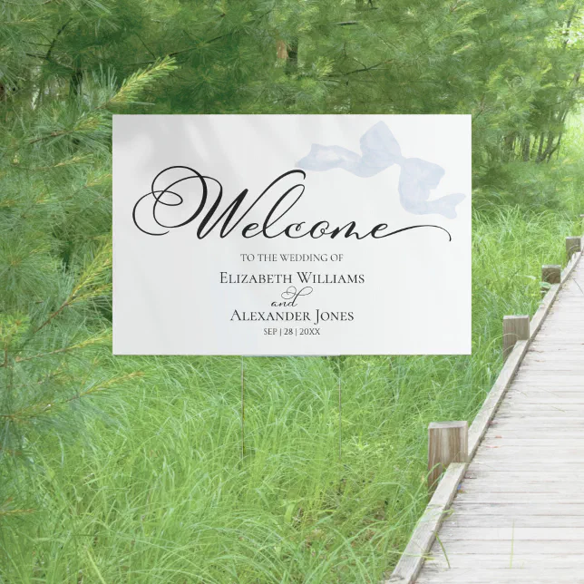 Blue Bow Calligraphy Wedding Welcome Yard Sign | Zazzle