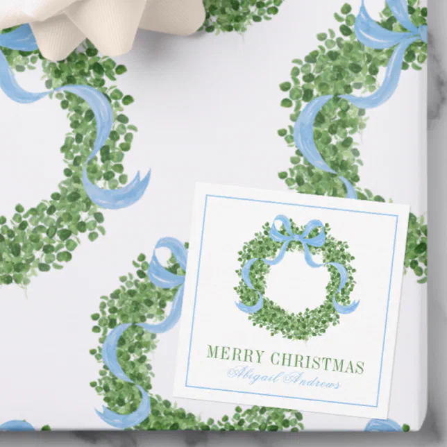 Blue Bow Christmas Boxwood Wreath Note Card | Zazzle
