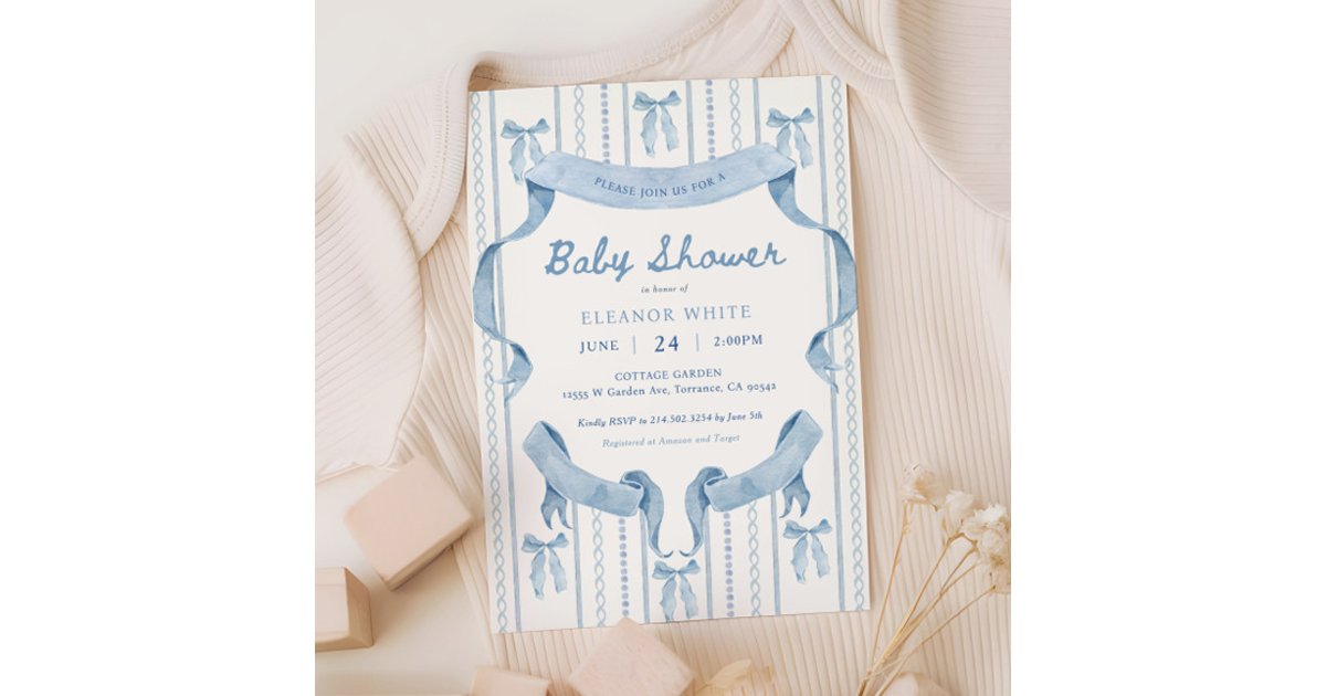 Blue Bow Coquette Blue Boy baby Shower Invitation | Zazzle
