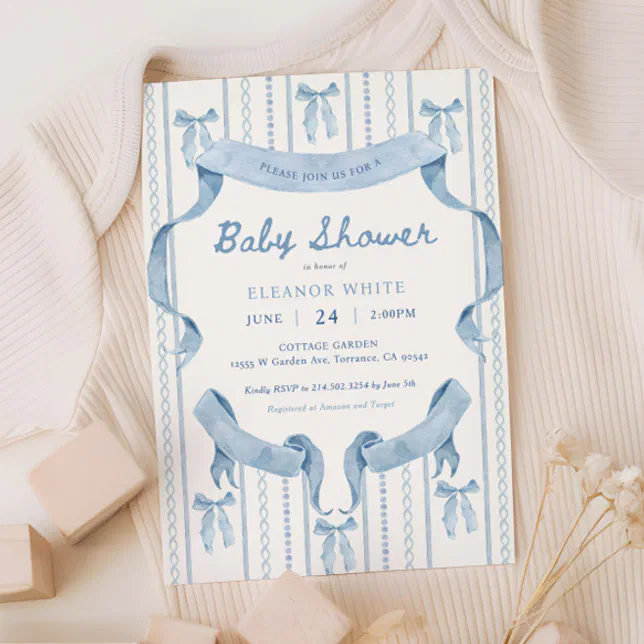 Blue Bow Coquette Blue Boy baby Shower Invitation | Zazzle