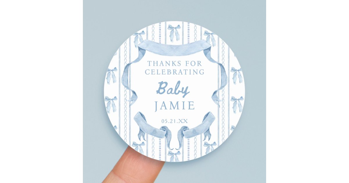 Blue Bow Coquette Blue Boy baby Shower Thank You Classic Round Sticker ...