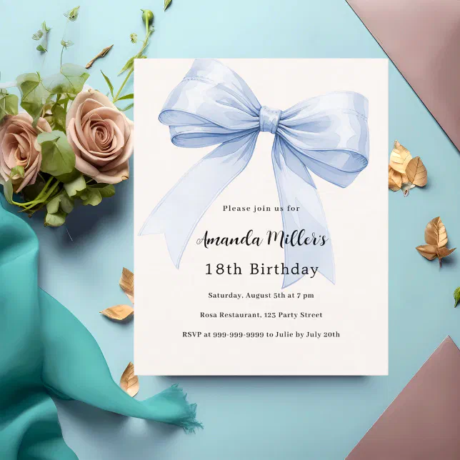 Blue bow cream beige birthday invitation | Zazzle