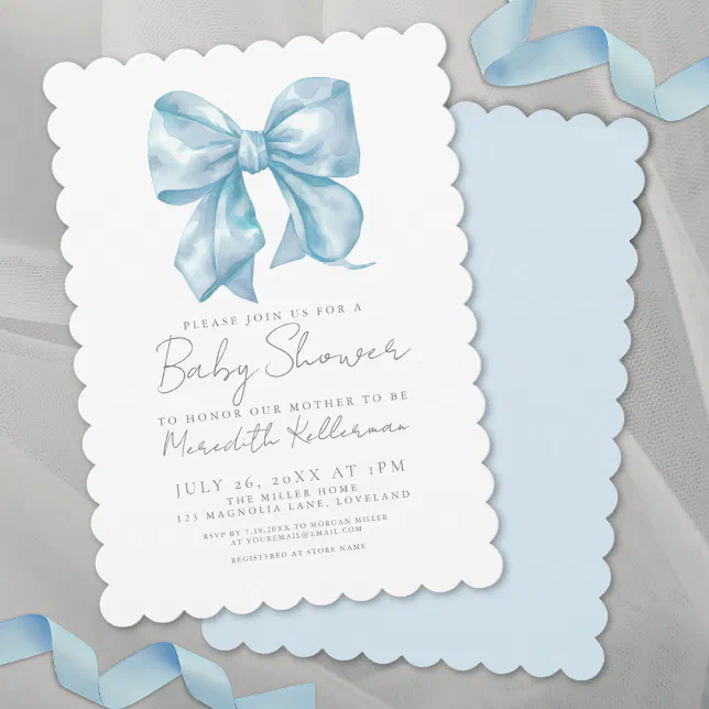 Blue Bow Elegant Coquette Boy Baby Shower Invitation | Zazzle