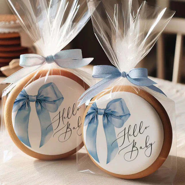 Blue Bow Hello Baby Boy Baby Shower Sugar Cookie | Zazzle