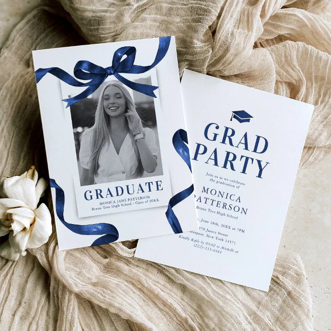 Blue Bow Photo Graduation Party Invitation | Zazzle