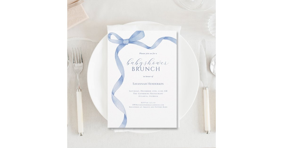 Blue Bow Ribbon Baby Shower Brunch Invitation | Zazzle