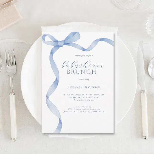 Blue Bow Ribbon Baby Shower Brunch Invitation | Zazzle