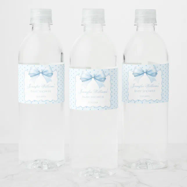Blue bow ribbon baby shower water bottle labels | Zazzle