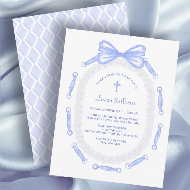 Blue Bow Ribbon Frame Baptism Invitation | Zazzle