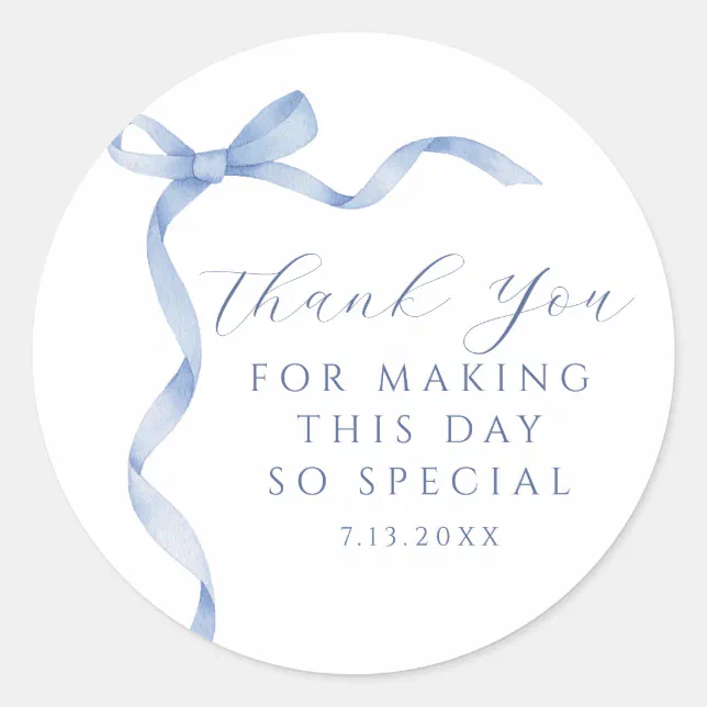 Blue Bow Ribbon Thank You Classic Round Sticker | Zazzle