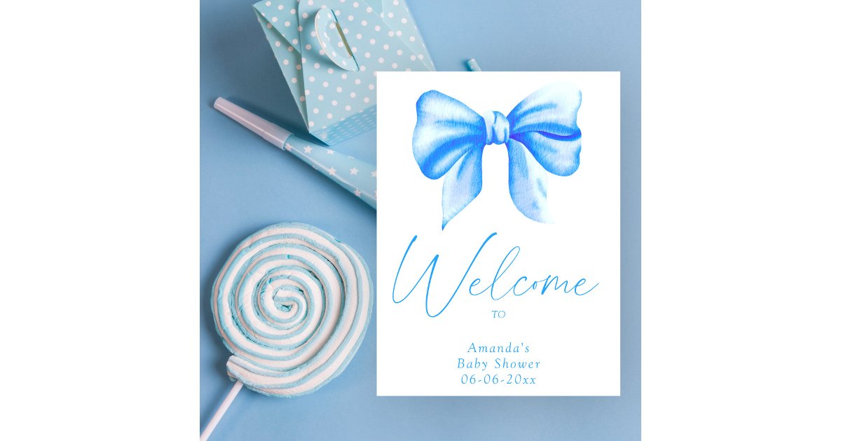 Blue bow - welcome baby shower party poster | Zazzle