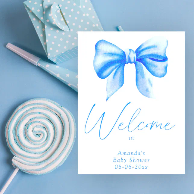 Blue bow - welcome baby shower party poster | Zazzle