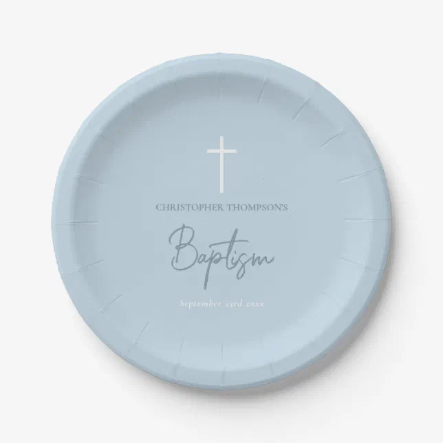 Blue Boy Baby Calligraphy Baptism Paper Plates | Zazzle