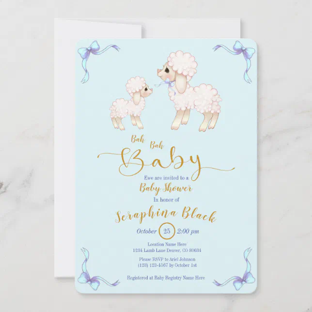 Blue Boy Ribbon Lamb Baby Shower Invitation | Zazzle