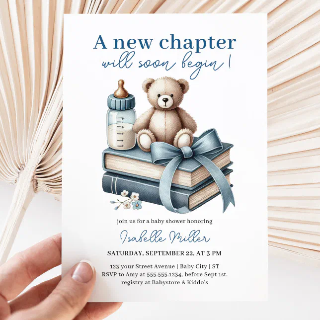 Blue Boy Teddy Bear Baby Shower New Chapter Begins Invitation | Zazzle