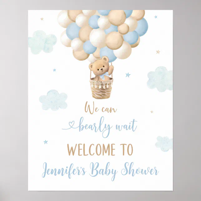 Blue Boy Teddy Bear Balloons Baby Shower Welcome Poster | Zazzle