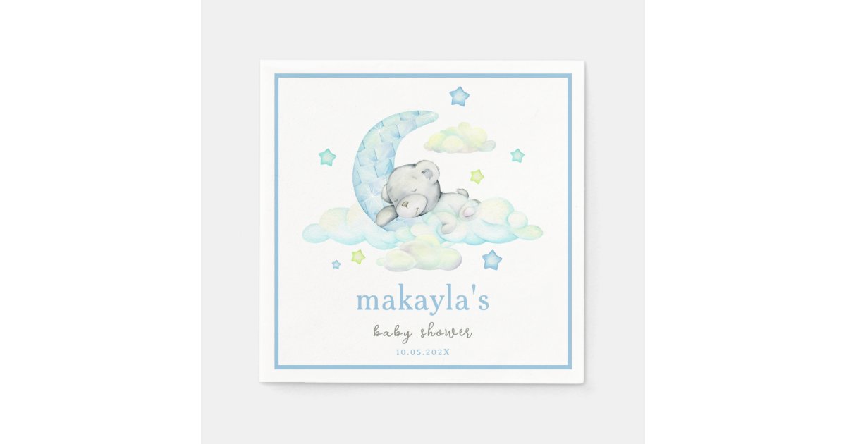 Blue Boy Teddy Bear On Moon Watercolor Baby Shower Napkins | Zazzle