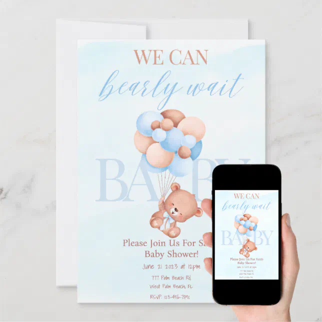 Blue Boy We Can Bearly Wait Baby Shower Invitation | Zazzle
