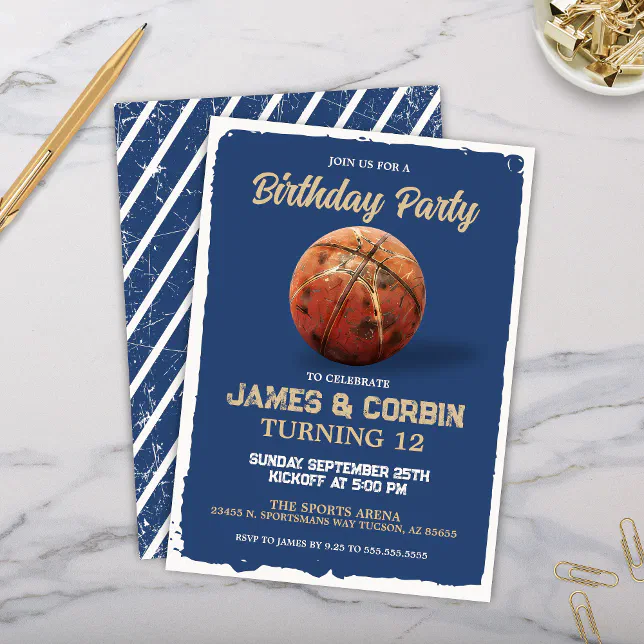 Blue Boys Basketball Theme Double Birthday Party Invitation | Zazzle