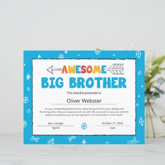 Blue Brother Certificate Big Brother Certificate | Zazzle